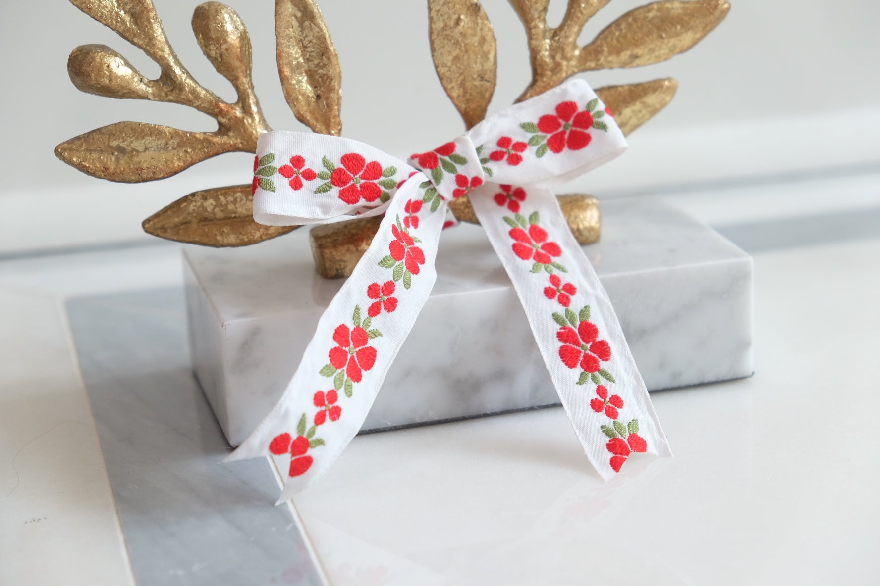 French Olive Branch with Bespoke Ribbon - White & Red Poppies – June St George Store